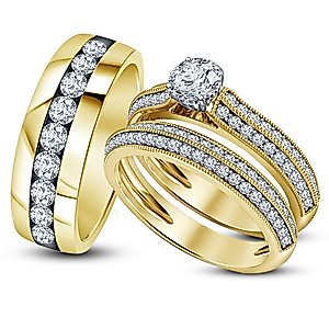 Palaksh Jewelry Round Cut White Diamond In 925 Sterling Silver 14K Yellow Gold Over Diamond Engagement Wedding Trio Ring Set for Him & Her