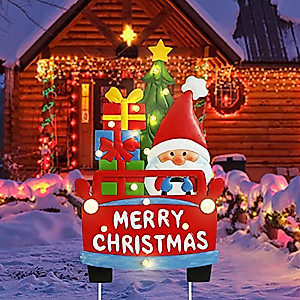 Christmas Garden Stakes with LED Light - Santa Claus Yard Sign with Stake, Xmas Decorations for Front Pathway Walkway Lawn, Metal Outdoor Decor Waterproof Battery Box