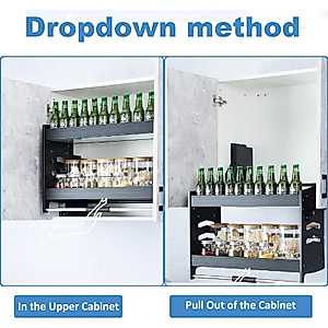 YIYIBYUS Pull Down Shelf,Pull Down Shelf Cabinet Organizer,24 Inch Kitchen Pull Out Cabinet Organizer,Convenient Heavy-Duty 2-Tier Wall Pull Down Shelf