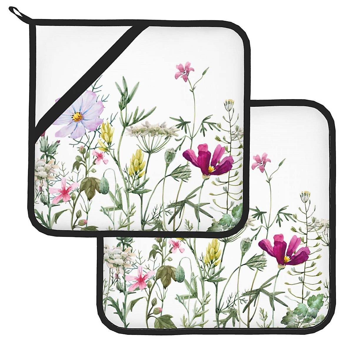 Floral Wildflower Flower Field Pot Holders Set Heat Resistant Non Slip Oven Hot Pads with Hand Pockets and Hanging Loops for Kitchen Baking Cooking,Set of 2