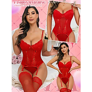 ssyyx Women's Sexy Lingerie Set with Garter Belt Lace Bodysuit Teddy Baby Dolls Panty with Stockings