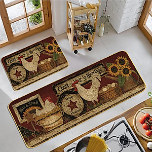 DXSHCG Farmhouse Decorative Kitchen Rugs and Mats Set of 2, Farm Rooster Non-Slip Kitchen Mats,Seasonal Holiday Party Sets Washable Low-Profile Floor Mats - 17x29 and 17x47 Inch