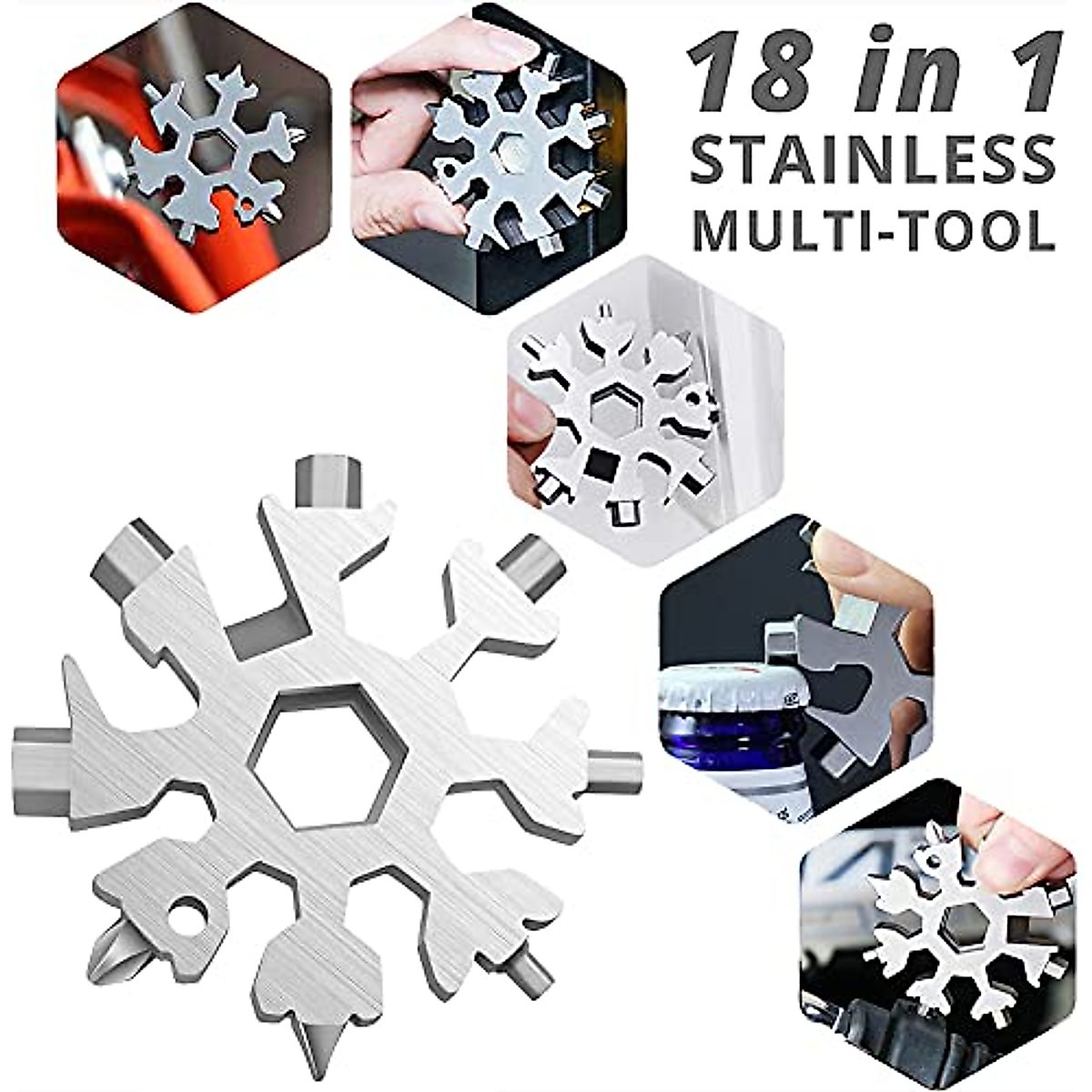 Snowflake Multi Wrench Tool，18-in-1 Keychain Multitool Pocket Tool Is Easy To Carry for Outdoor Camping And Christmas Snowflake (Silver)