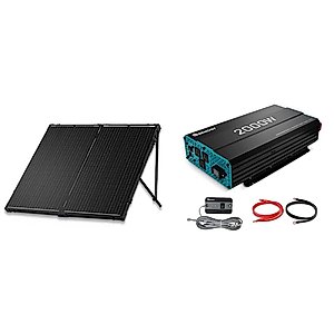 Renogy 200 Watt 12 Volt Monocrystalline Off Grid Portable Foldable 2Pcs 100W Solar Panel & 2000W Pure Sine Wave Inverter 12V DC to 120V AC Converter, Off-Grid Solar Power Inverter 12V to 110V
