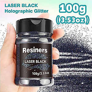 Resiners Holographic Ultra Fine Glitter Powder - 3.53oz/100g, 1/128" Metallic Epoxy Resin Glitter Sequins Flakes for Tumblers,Slime, Nails, Paint, Art Crafts - Laser Black