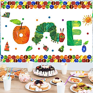 The Cute Hungry Caterpillar Birthday Banner Backdrop, one Year Old Cartoon Hungry Caterpillar Birthday Party Sign Supplies, Apple Sun Leaf Fruits ​Birthday Poster Background Photo Props Decoration