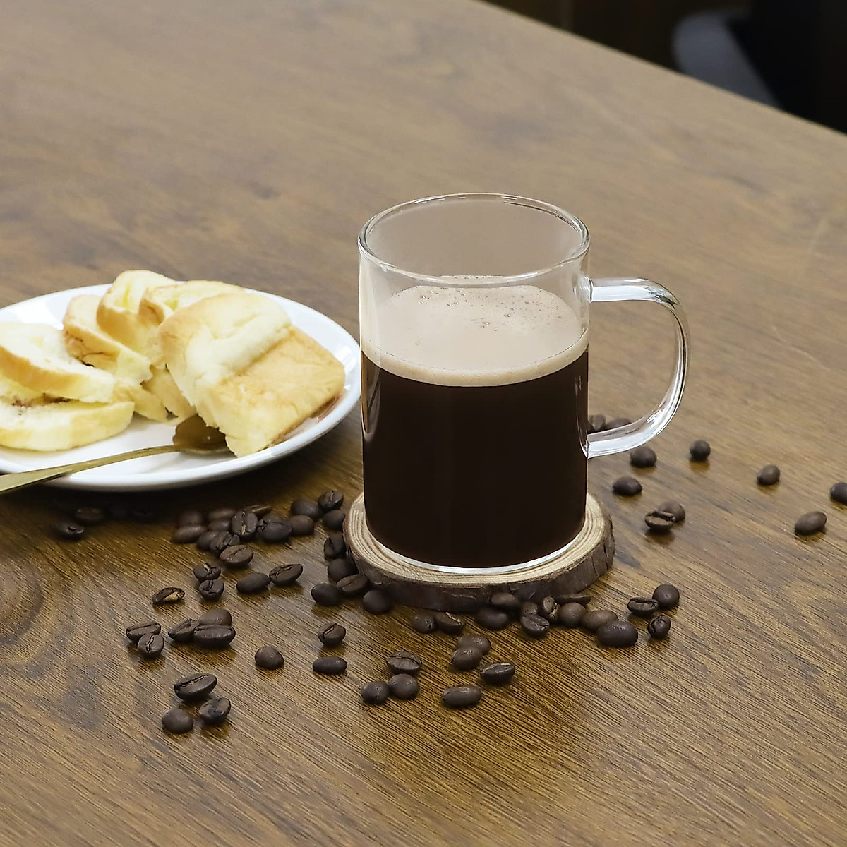 HORLIMER 10 oz Glass Coffee Mugs Set of 6, Clear Coffee Cup with Handle for Tea Cappuccino Latte Milk Juice Hot Beverages