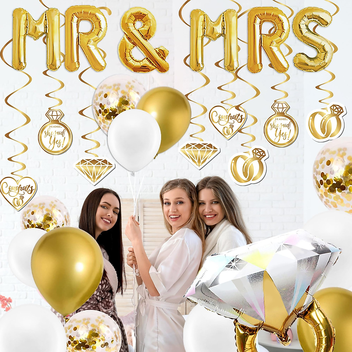 gold engagement party decorations - (Total 90pcs) Glitter happy Engaged Banner, MR and MRS Balloons, Hanging Swirl,balloons, Ring Balloons for Wedding Engagement Party Decor