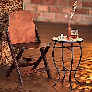 VONLUCE Mosaic Side Table and Plant Stand, 21" Round End Table with 14" Ceramic Tile Top, Indoor & Outdoor Accent Table, Porch Patio Furniture, Entryway & Coffee Table for Home & Garden, Maple