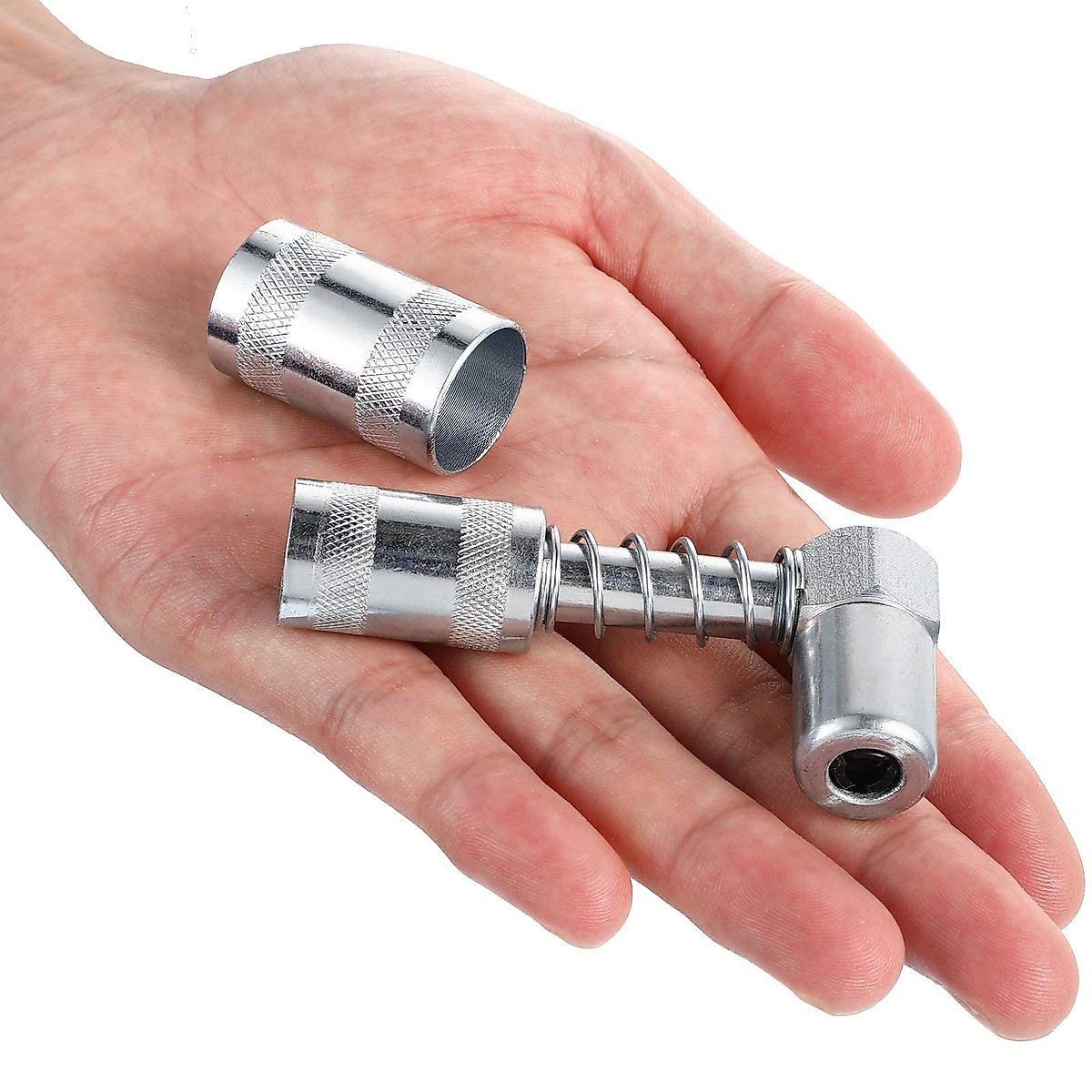 Boao 4 Pieces 90 Degree Grease Gun Coupler Silver Coupler Adapter 3 Jaw Angle Grease Fitting Tool with Sleeves for Auto, Farm, Truck or Industrial Use