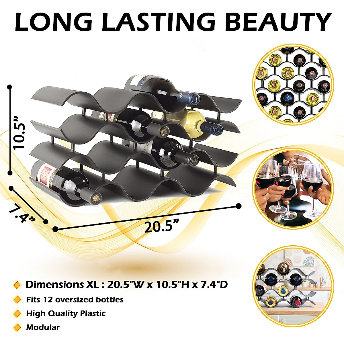 Bariboo Wine Rack. Stackable Countertop Wine Bottle Stand. 12 Bottles Wine Holder Organizer for Table Top, Pantry, Cabinet, Refrigerator. Wine Bar Quality Plastic Lightweight Storage (Black)