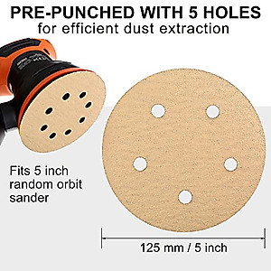 LotFancy 5 Inch 5 Hole Sanding Discs, 100PCS 60 80 120 180 220 Grit Sandpaper Assortment - Orbital Sander Pad, Hook and Loop Sand Paper