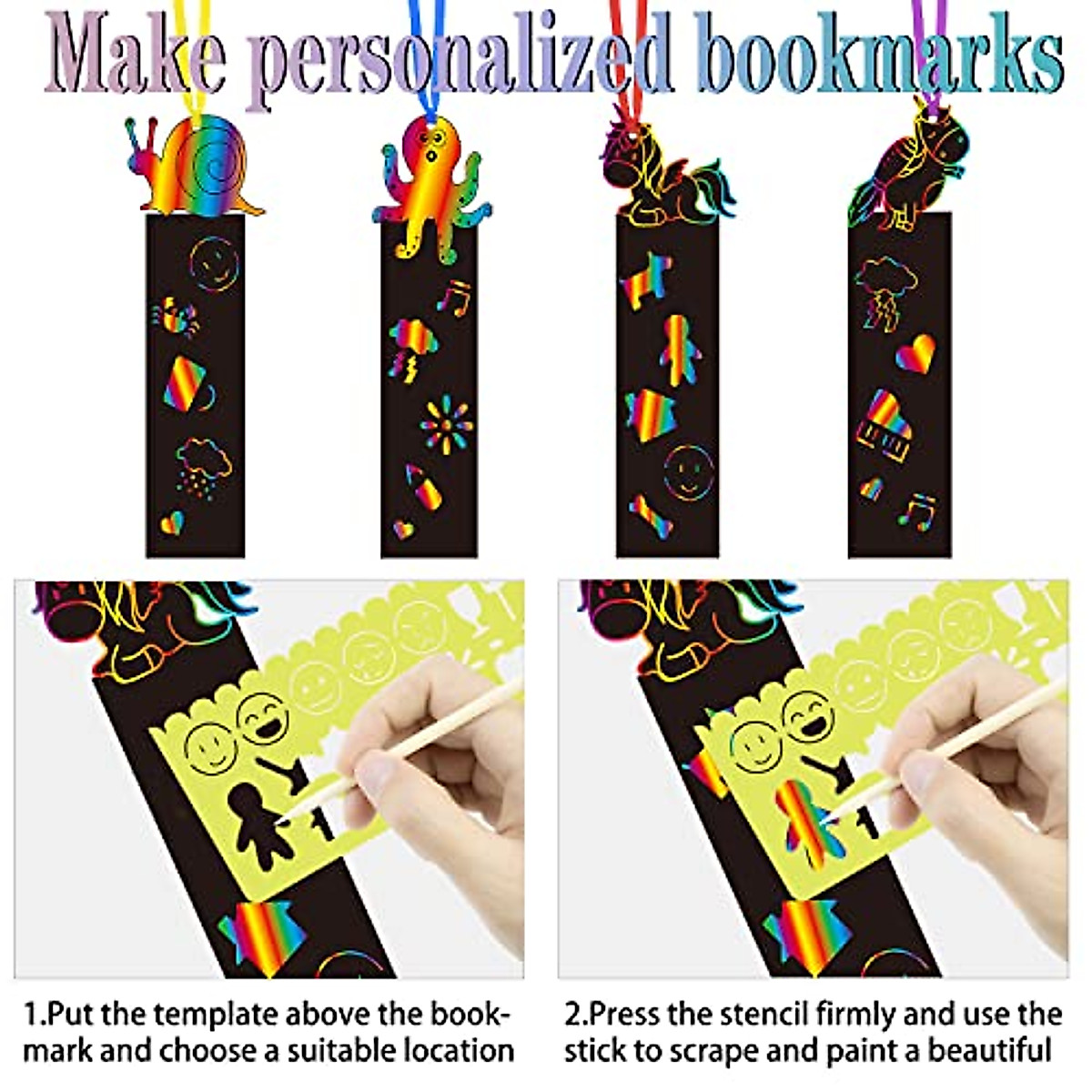 64PCS Animal Scratch Bookmarks Set, DIY Rainbow Scratch Bookmarks with Painting Templates, Wood Sticks and Colored Ribbons for Kids Party Birthday Gifts Teacher Supplies Kids Classroom School Supplies