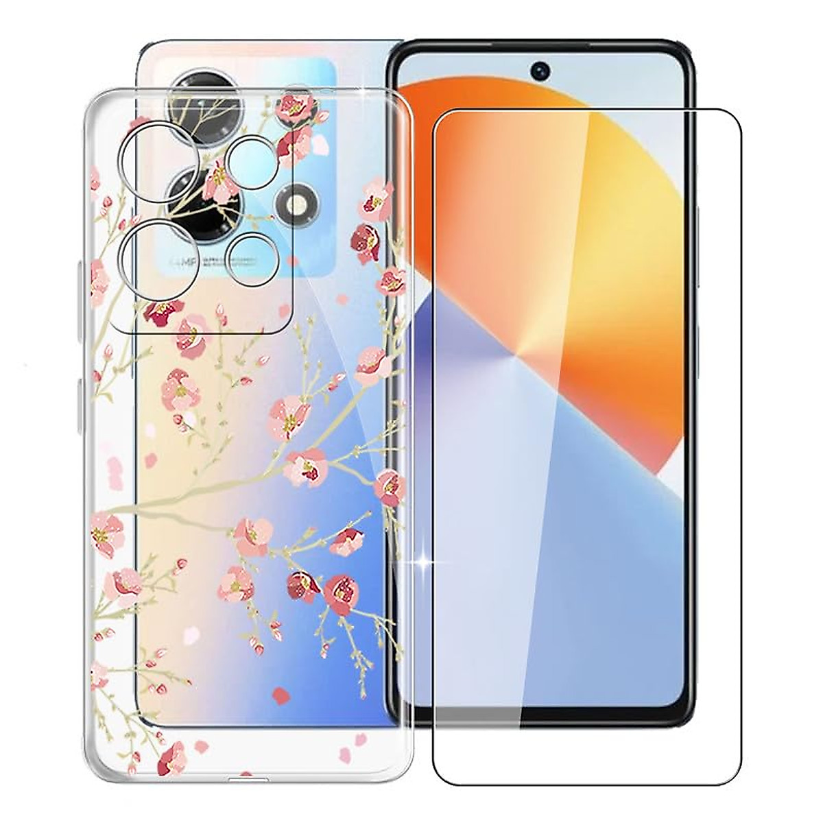 KJYFOANI for Infinix Note 30 Case with 1 x Tempered Glass Screen Protector, Transparent Shockproof Solf Silicone Protection Case for Infinix Note 30, Case for Women Men, (6.78") - Flower