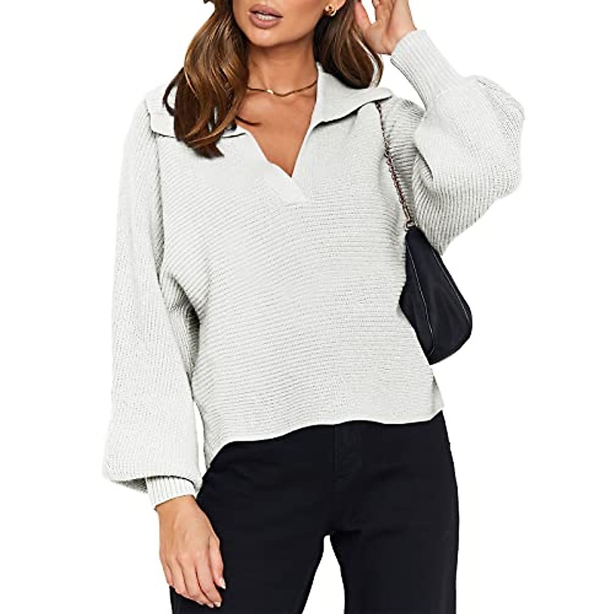 ANRABESS Women Polo V Neck Batwing Long Sleeve Casual Oversized Ribbed Knit Fall Pullover Sweater Top 599bai-L White