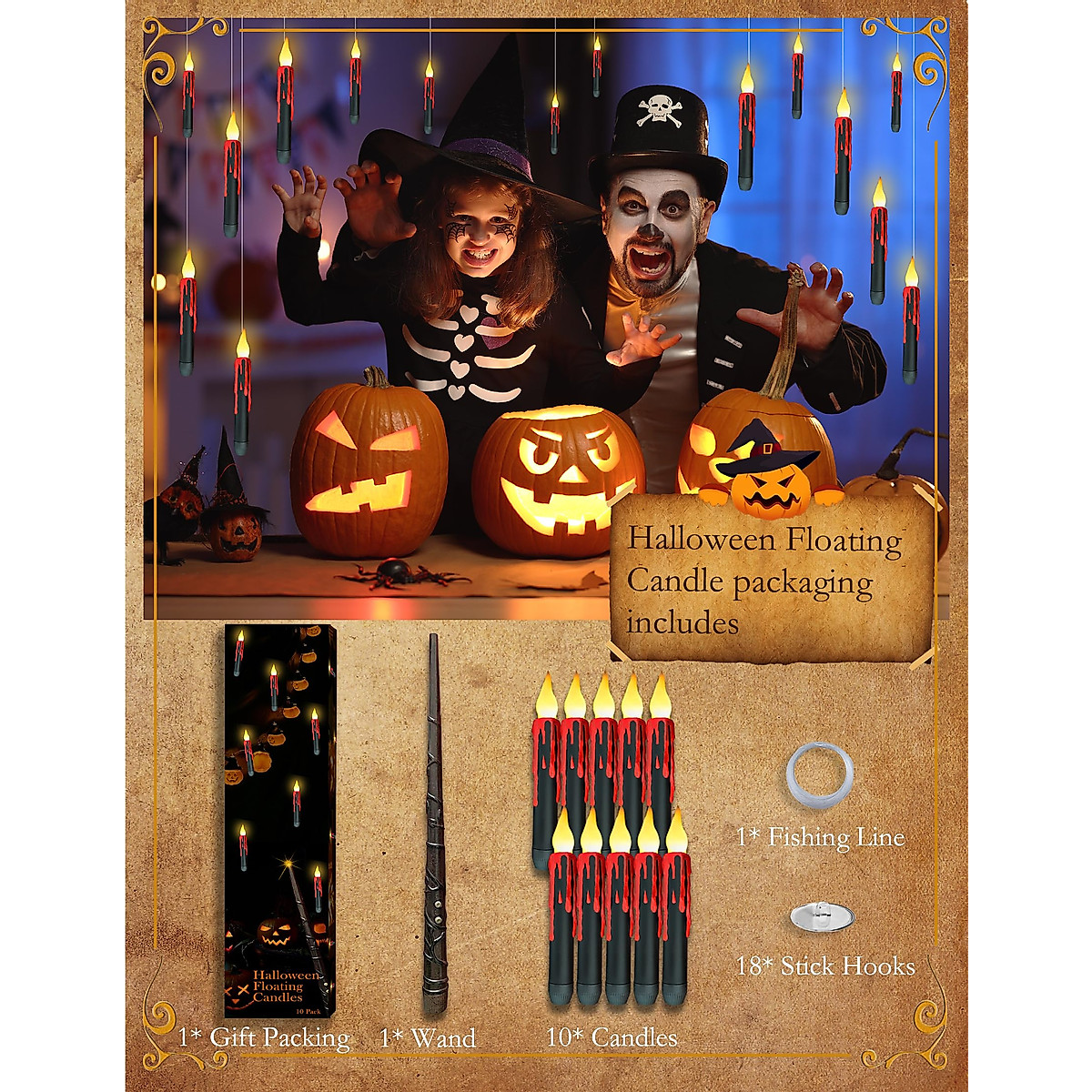 Qaeshi Floating Candles with Wand Remote, 10Pcs Magic Warm Flickering Flameless Hanging Candles,Battery Operated Window LED Taper Lights for Halloween Christmas Decor Home Party