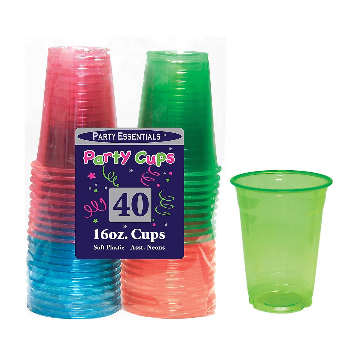 Party Essentials Soft Plastic 16-Ounce Party Cups/Pint Glasses, 40-Count, Assorted Neon