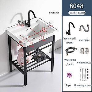 Laundry Sink with Washboard，Pedestal Sinks with Stainless Steel Bracket Ceramic Basin，Freestanding Utility Laundry Tub/Washbasin for Bathrooms Garage Basement Hotel Restaurant Room ( Size : 60*48cm )