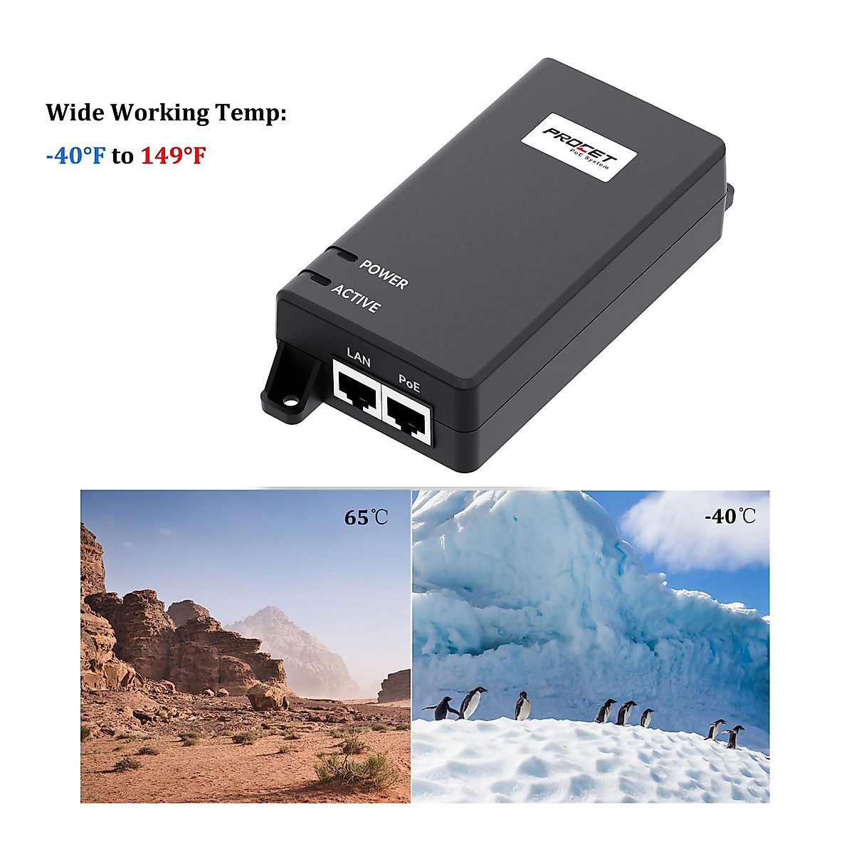 PROCET Gigabit PoE Injector 30W Wide Working Temperature -40°F to 149°F, IEEE802.3af/at/PoE+ 10/100/1000Mbps PoE Power Injector for IP Camera, Wireless AP, PoE IoT