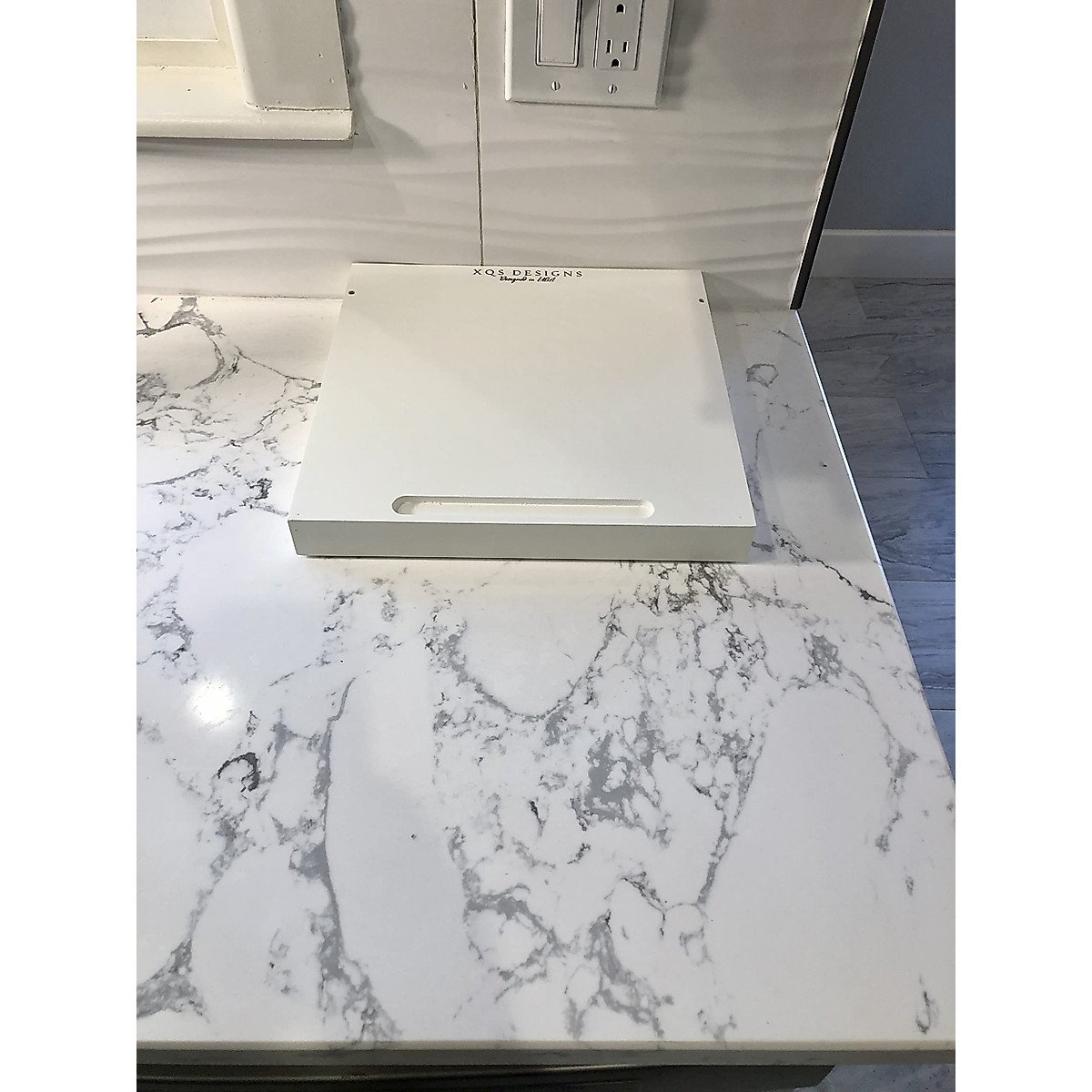 Kitchen Wooden Countertop Caddy Slider Tray | Solid Wood Tray and Frame | Smooth Rolling Wheels | 13" X 13" | Useful for Coffee Maker/Stand Mixer/Blender (Swiss Coffee White)