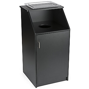 Displays2go Commercial Trash Bin with Black Finish, MDF Construction, Melamine Finish, Circular Cutout - Hinged Door (LCKDTLCSBK)