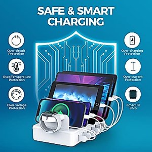 Charging Station for Multiple Devices, 6 Port 50W Fast Multi Charger Organizer with Watch Bracket Equipped for iPhone iPad Android Tablet Watch and Other Electronics(6 Cables Included)