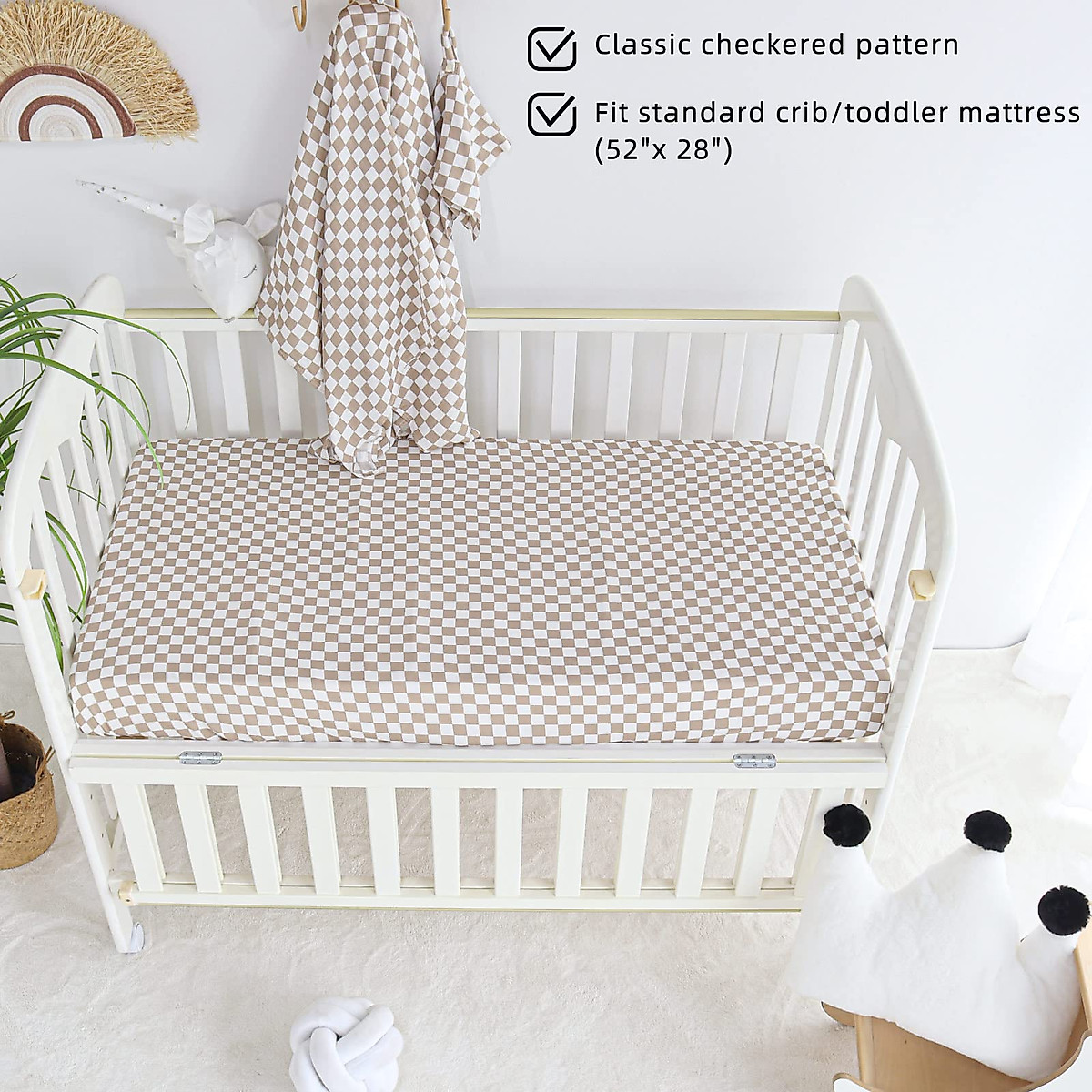 LifeTree Fitted Crib Sheets for Boys Girls & Neutral, Muslin Baby Sheet Fits Standard Crib and Toddler Mattresses, Soft, Checkered Print, 70% Viscose from Bamboo and 30% Cotton 28in x 52in