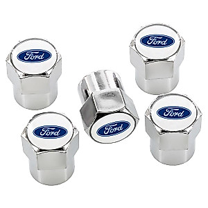 License Frame Inc. Ford Blue Logo Chrome Valve Cap Covers