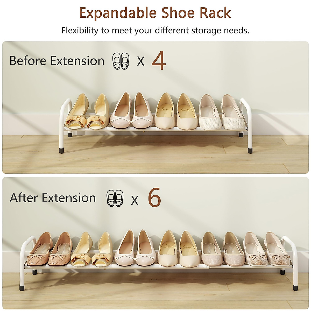 Gewudraw 1-Tier Shoe Rack Expandable, Width Adjustable Shoe Shelf Storage Organizer, 41.53'' Metal Standing Shoe Rack for Bedroom Entryway Closet, Holds up to 6 Pairs Shoes, White
