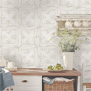 RoomMates RMK11209WP White Tin Tile Metallic Accent Peel and Stick Wallpaper, Roll