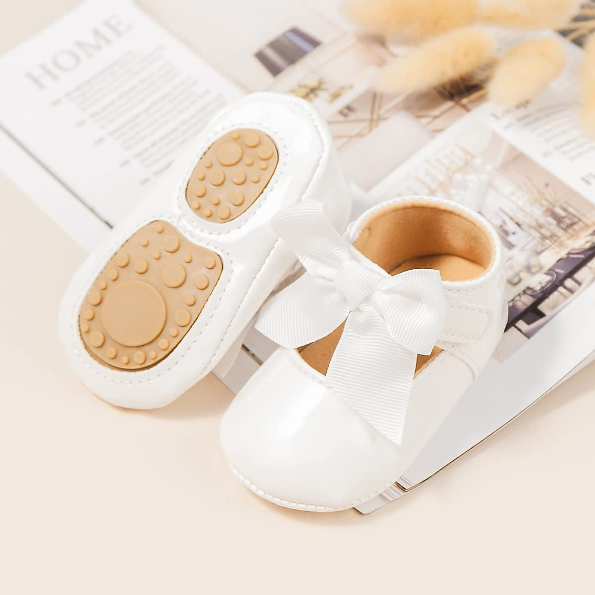 ohsofy Infant Baby Girls Mary Jane Flats Rubber Sole Non-Slip Bowknot Princess Wedding Dress Shoes Toddler Crib Shoes