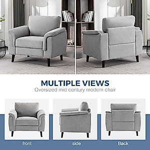 ELUCHANG Oversized Accent Chair, Linen Fabric Mid Century Modern Chair with Solid Wood Frame & Soft Cushion, Comfy Upholstered Armchair Reading Chairs for Living Room, Small Spaces, Light Gray, 2PCS