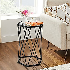 Giantex Glass End Table, Hexagon Side Table w/Metal Frame, Small Coffee Accent Table for Small Space for Living Room Balcony, Modern Style Bedside Table Nightstand