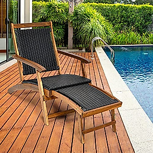 RELAX4LIFE Patio Chaise Lounge Chair - Acacia Wood Folding Rattan Wicker Chair w/Retractable Footrest, Space-Saving Ergonomic Deck Chair for Garden, Poolside, Patio