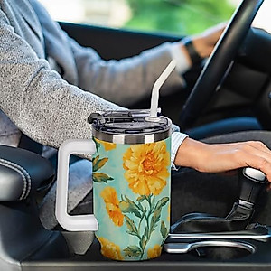 Yellow Flowers Marigolds Insulated Tumblers with Handle Stainless Steel Coffee Mug Funny Travel Cup with Lid Straw 40oz