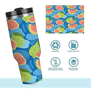 Exnundod Cartoon Guava Pattern Tumbler with Handle 30oz and Straw Insulated Tumblers Leak-proof Water Bottle for Car Travel