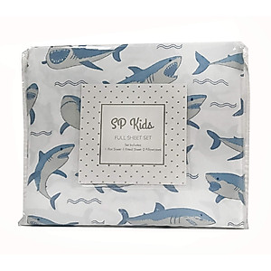 Sleeping Partners 4-Piece Blue Shark Sheet Set | 1 Full Flat Sheet, 1 Full Fitted Sheet & 2 Queen Pillowcases | Made of 100% Super Soft Microfiber Polyester | Soft, Smooth & Durable | Ideal for Boys