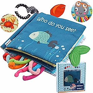 Soft Cloth Crinkle Books Touch Feel Baby Books 0-6 Months for Babies,Infants,Toddlers,Baby Boy Girl Toys 0-3 Months 6 to 12 Months 1-3 Years Old Shower Gifts Box, Sensory Toy Fish Octopus,Teether Ring