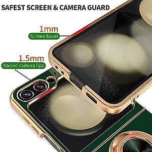 Dinick Compatible for Samsung Galaxy Z Flip 5 Case with Ring Holder Kickstand [with Magnetic] Soft TPU Shockproof Electroplated Protective Phone Case for Galaxy Z Flip 5 Green