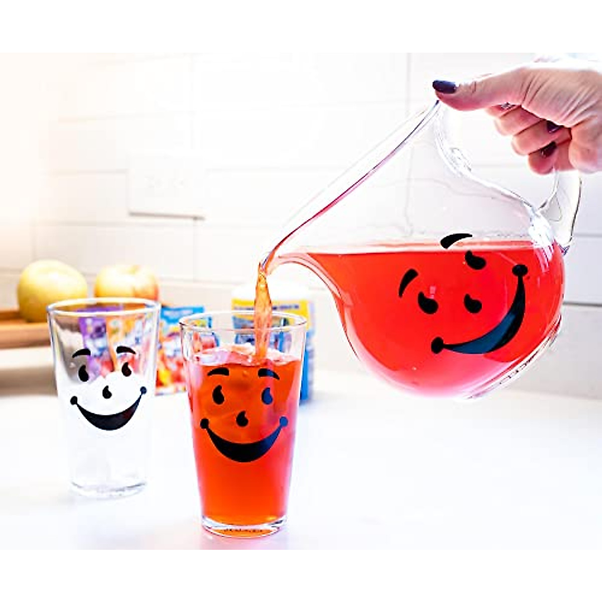 Kool-Aid Man 64-Ounce Glass Pitcher and Two 16-Ounce Pint Glasses | Beverage Dispenser Carafe and Glassware For Water, Juice, Iced Tea, Cocktails | Home & Kitchen Essentials, Nostalgic Gifts