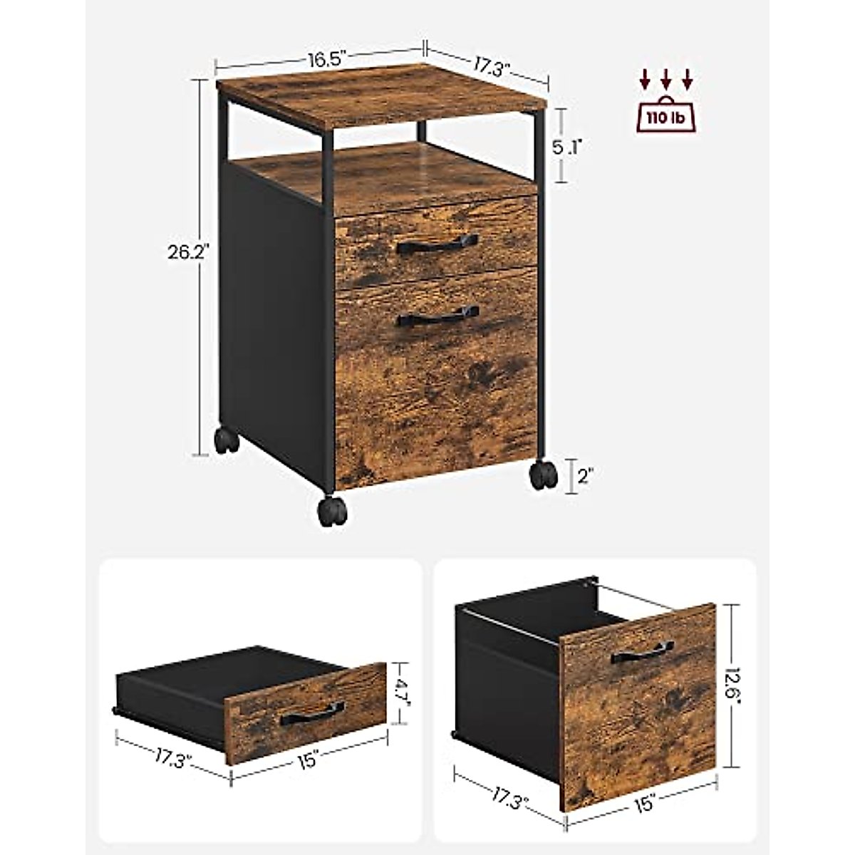 VASAGLE File Cabinet, Mobile Filing Cabinet with Wheels, 2 Drawers, Open Shelf, for A4, Letter Size, Hanging File Folders, Rustic Brown and Black UOFC71X