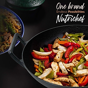 Nutrichef Pre-Seasoned Cast Pan-5.8 QT Heavy Duty Non-Stick Iron Chinese Wok or Stir Fry Skillet w/Wooden Lid, for Electric Stove Top, Induction, Large, Black
