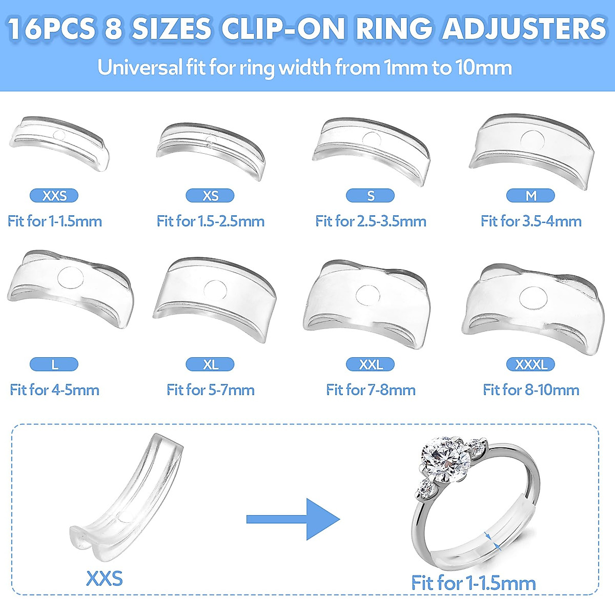 Anpro Ring Size Adjuster for Loose Rings- 118 Pcs Ring Size Adjusters Set Includes 16 Plug-in Invisible Ring Adjuster, 8 Spiral Silicone Tightener, EVA Invisible Sticker,Ring Size Measuring Tool