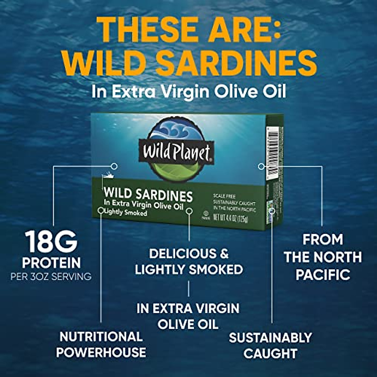 Wild Planet Wild Sardines in Extra Virgin Olive Oil, Lightly Smoked, Tinned Fish, Sustainably Wild-Caught, Non-GMO, Kosher, Gluten Free, 4.4. Ounce (Pack of 12)