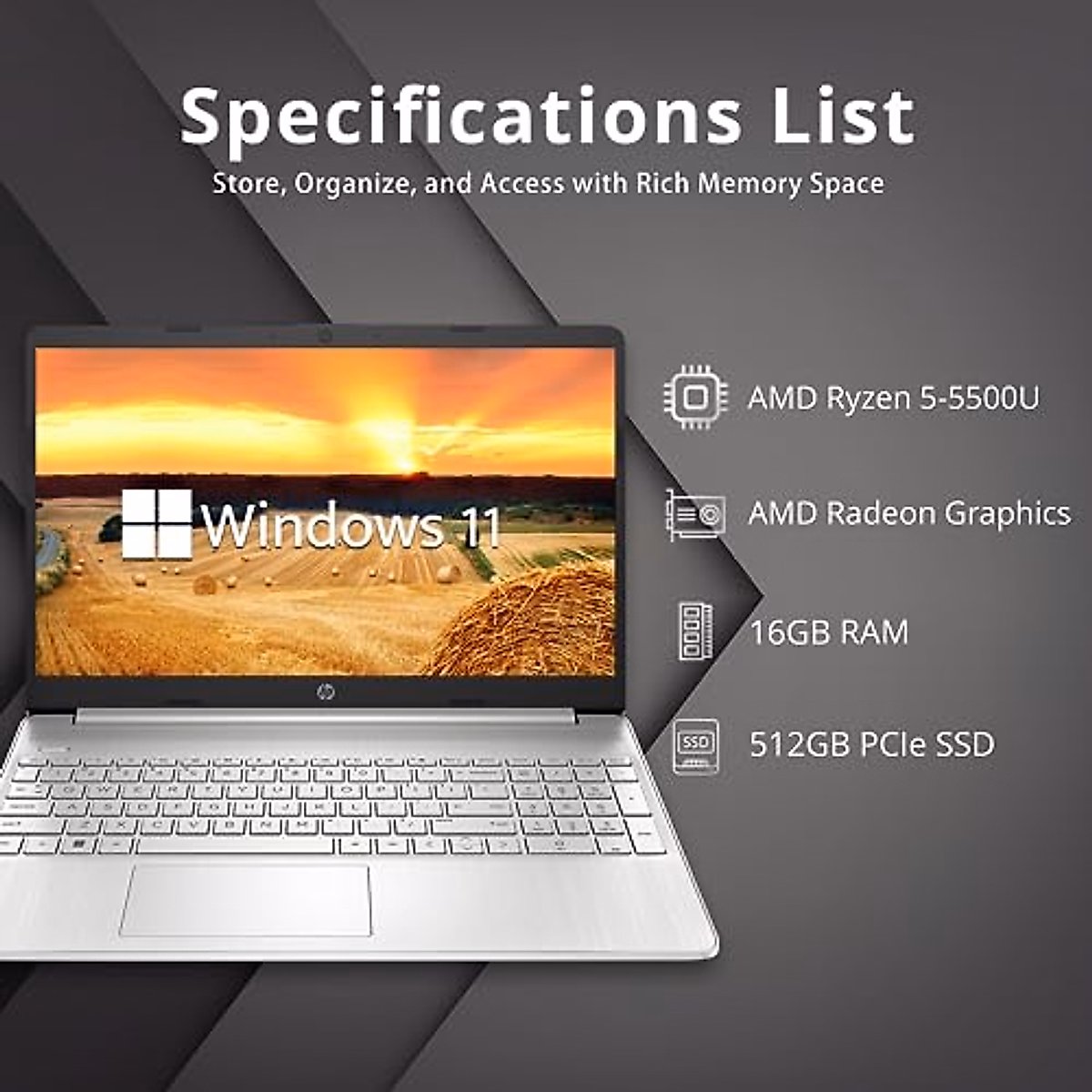 HP 2022 15.6" FHD Laptop, AMD Ryzen 5-5500U Processor, 16GB RAM, 512GB PCIe SSD, AMD Radeon Graphics, HD Webcam, Wi-fi, Bluetooth, Win 11, Silver, 32GB SnowBell USB Card
