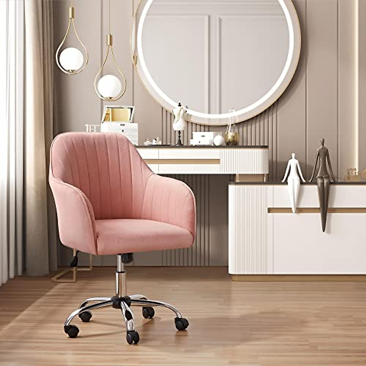 Yaheetech Velvet Office Desk Chair Height Adjustable Task Chairs Modern Office Chair Makeup Chair 360° Swivel Computer Chair Mid Back Chair Living Room Chairs with Arms&Stainless Base Accent Pink