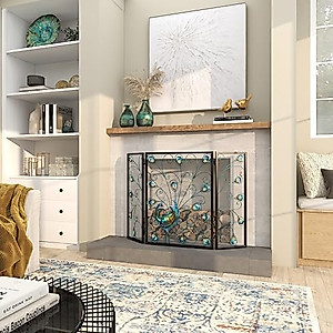 Deco 79 Metal Peacock Fireplace Screen Rainbow 3 Panel with Crystal Accents and Black Frame, 48" x 1" x 32", Blue