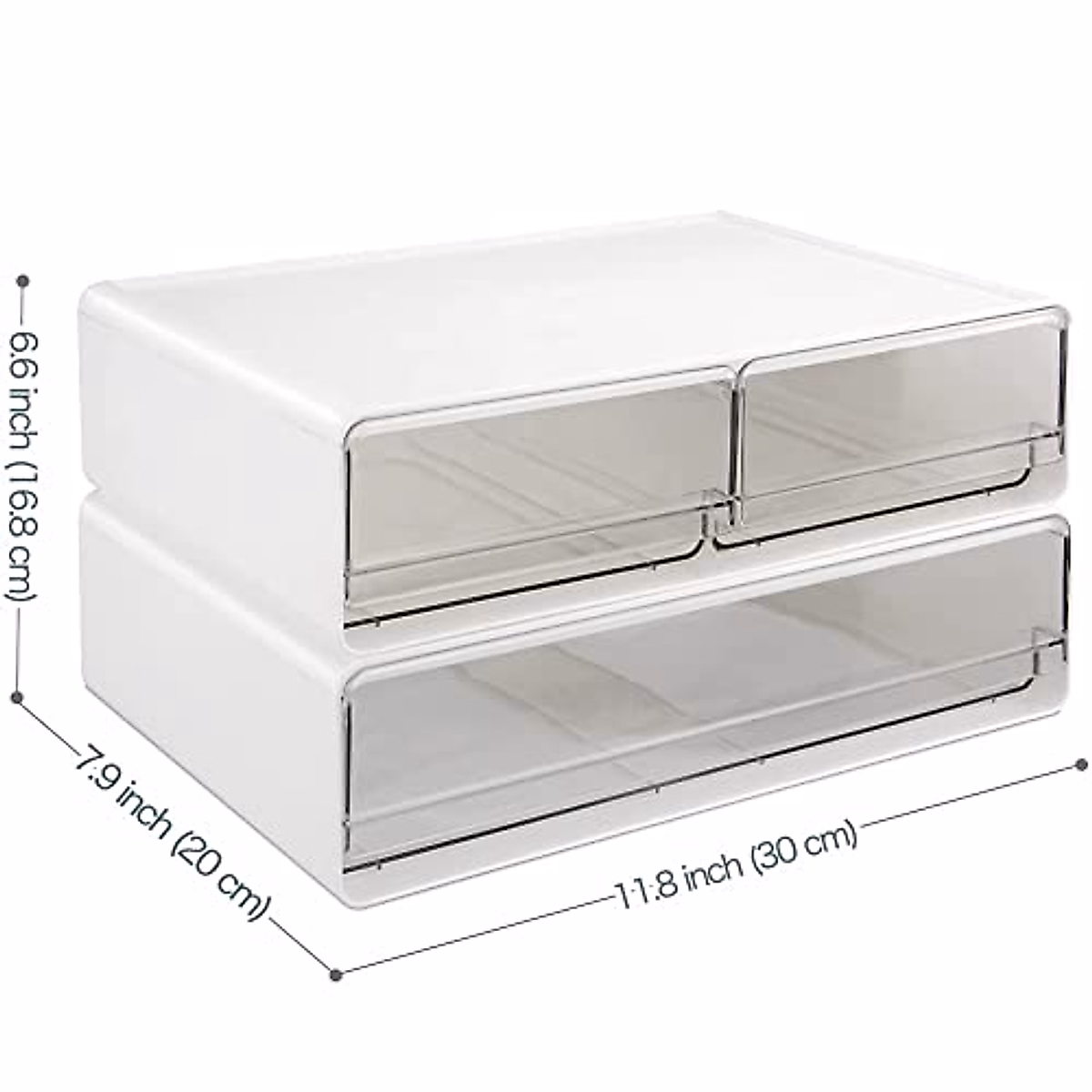 EZOWare 2 Piece Stackable Makeup Organizer Drawer Set, 3 Drawer Modular Display Storage for Vanity, Desk, Bathroom Countertop, and More - White and Clear