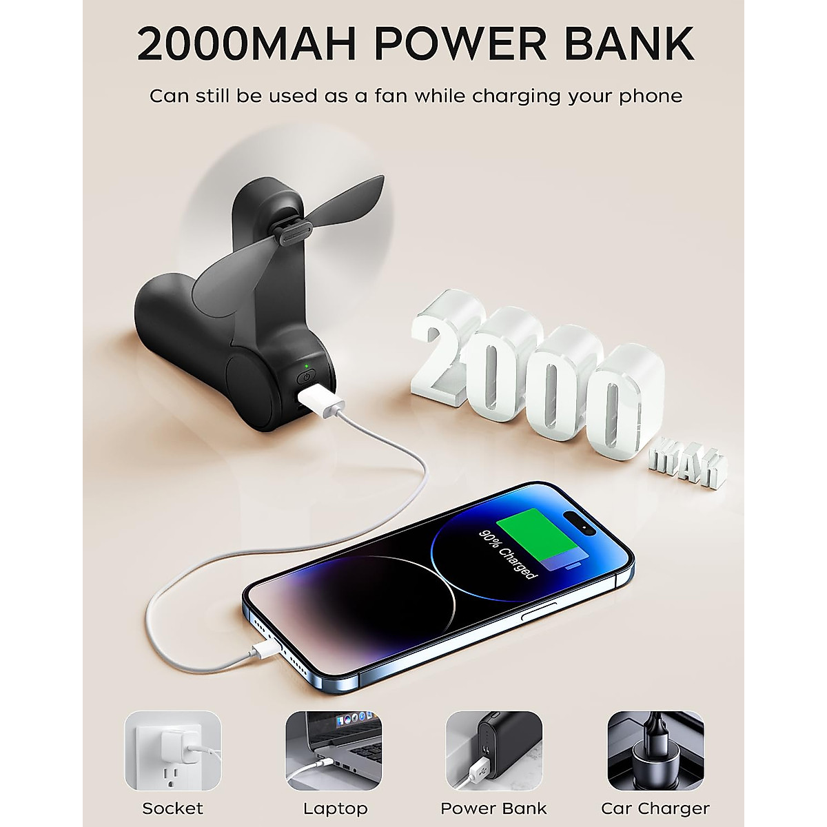 FrSara Portable Handheld Fan Rechargeable, USB Rechargeable Small Pocket Fan, 2000mAh Battery With Power Bank, Upgraded Long Battery Life, Three-Speed, Suitable for Women Outdoors and Travel