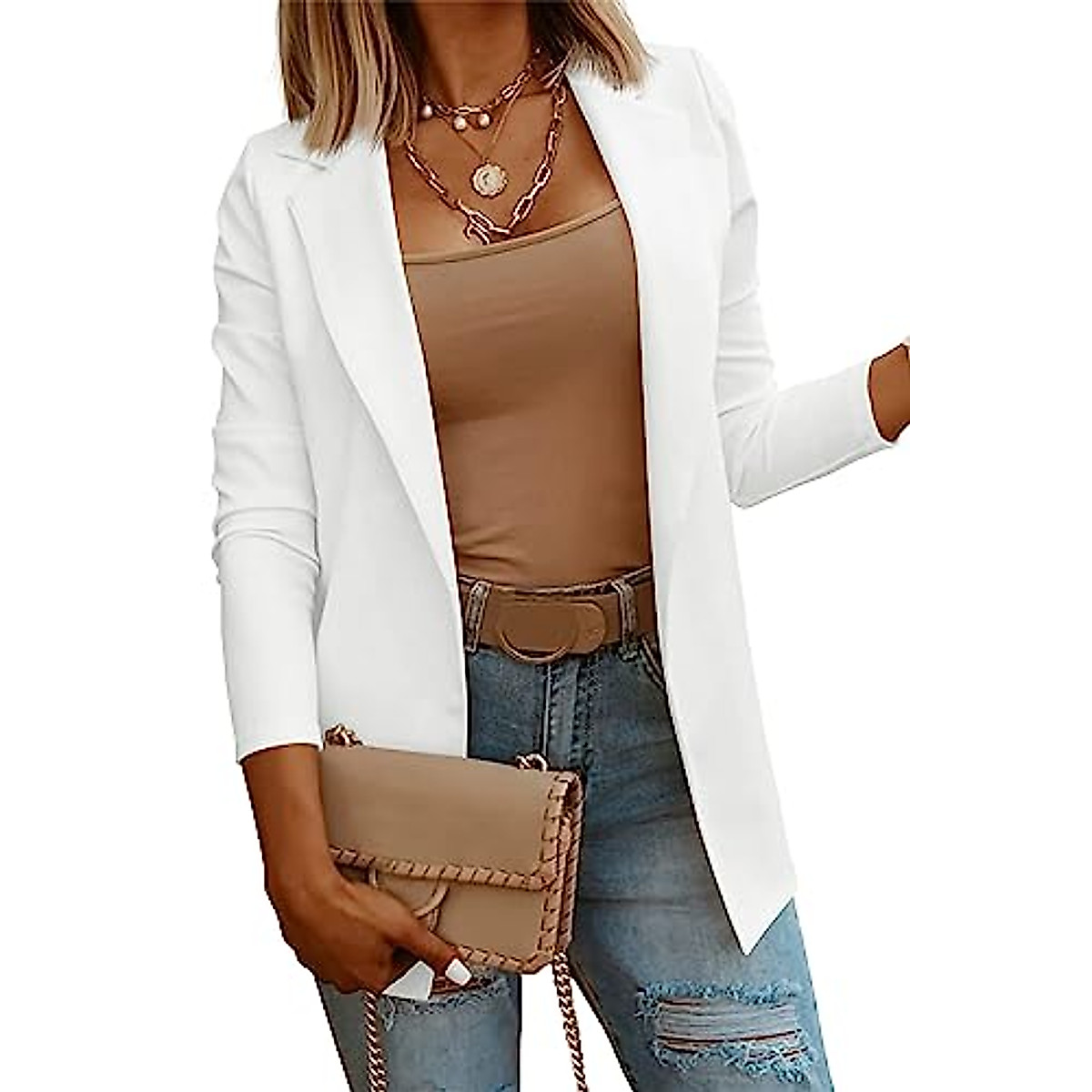 Womens Casual Long Sleeve Blazers Solid Color Knit Blazer Work Office Open Front Blazer Jacket White